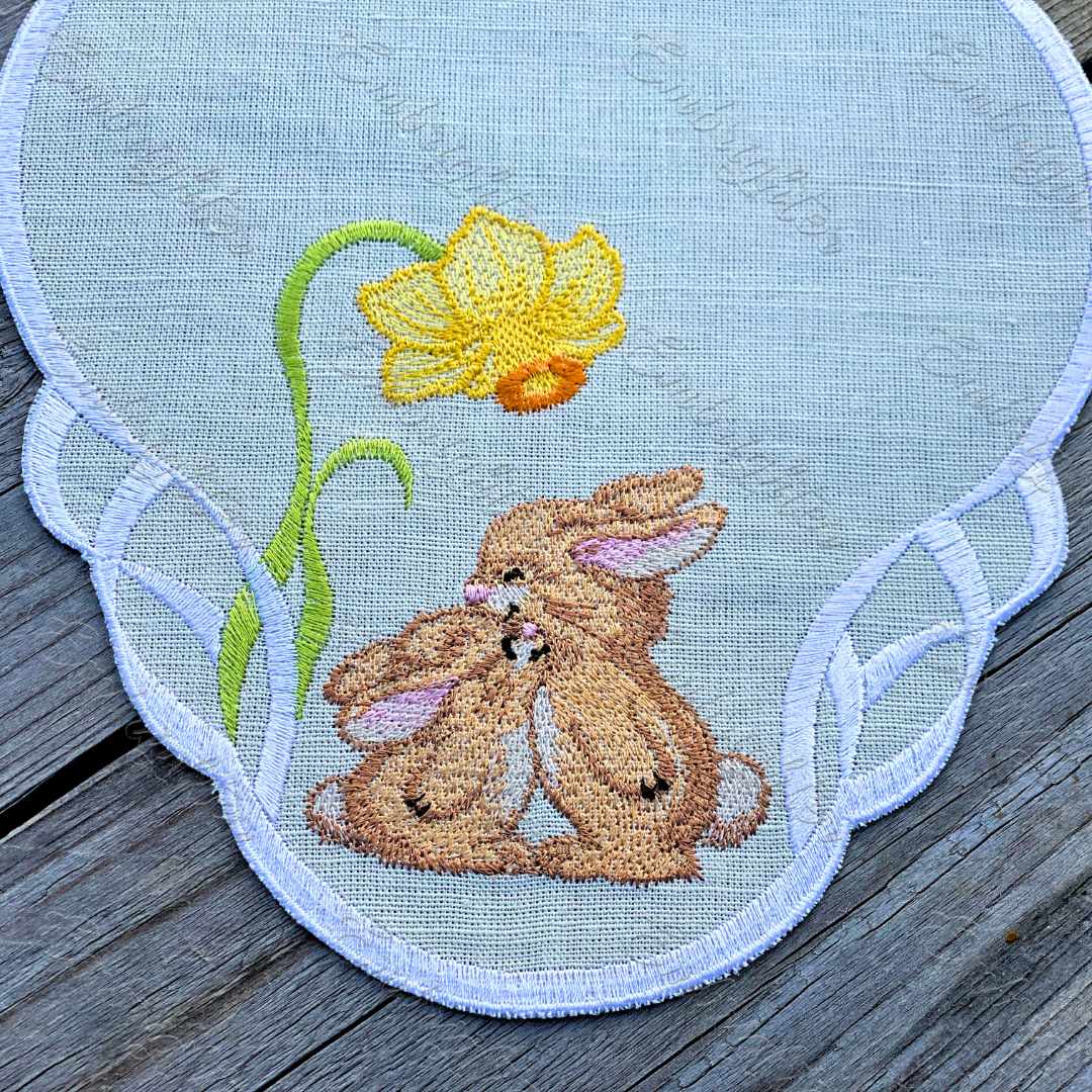 Daffodil with bunnies mini tablecloth ITH embroidery design – Embrighter