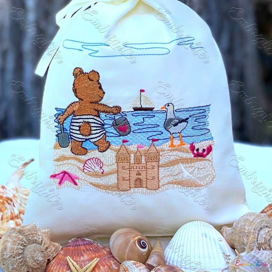 Teddy bear and seagull seaside embroidery design set – Embrighter