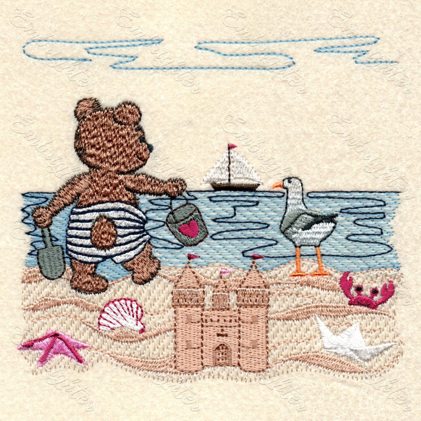 Teddy bear and seagull seaside embroidery design set – Embrighter