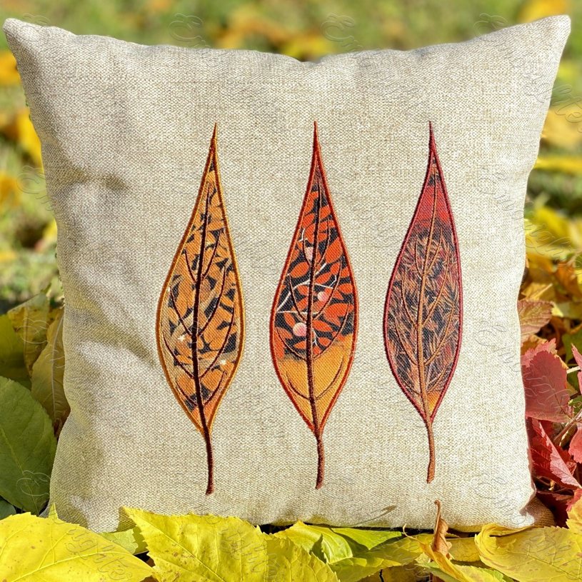 Three golden glow autumn leaves, applique machine embroidery design ...