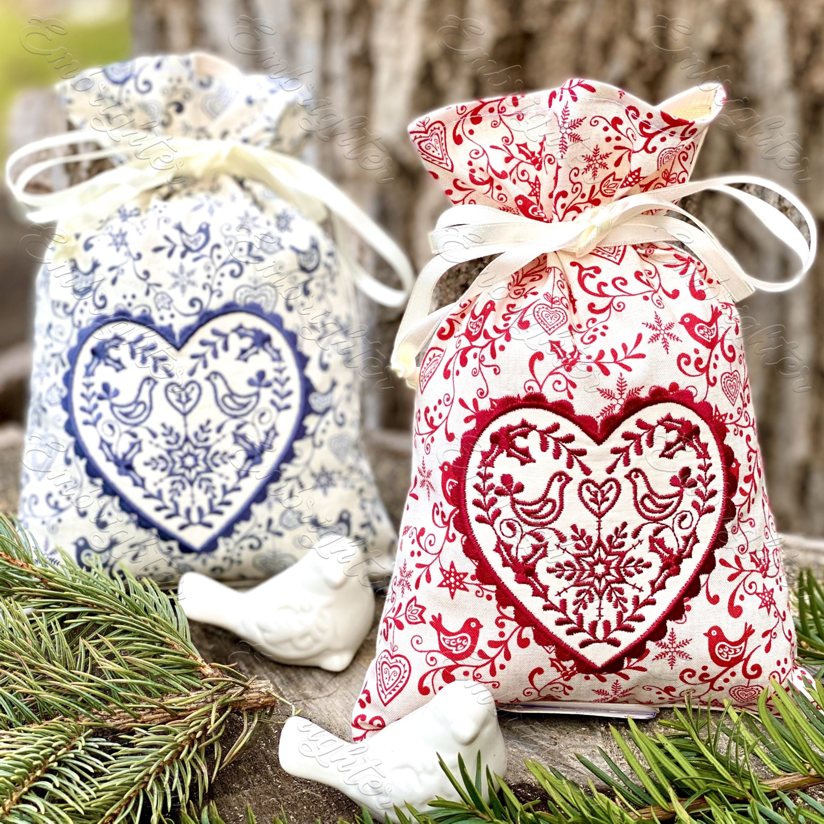 Applique Christmas heart with birds machine embroidery design – Embrighter